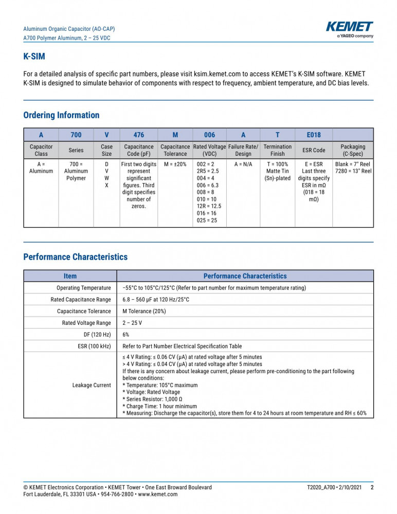 KEMET A700 datasheet page 2