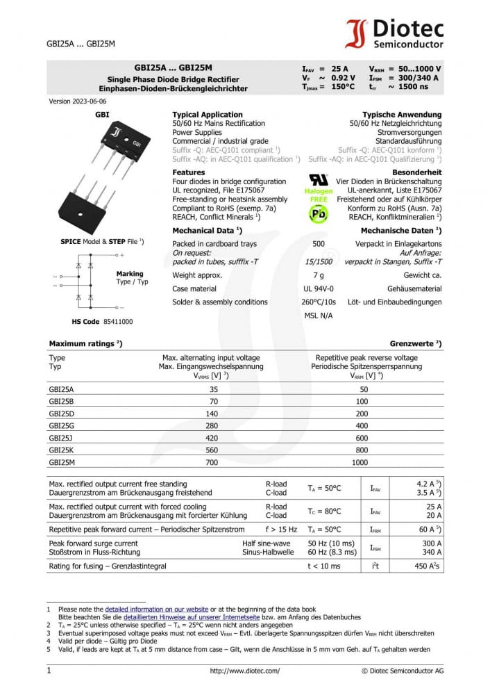 DIOTEC GBI25D datasheet page 1