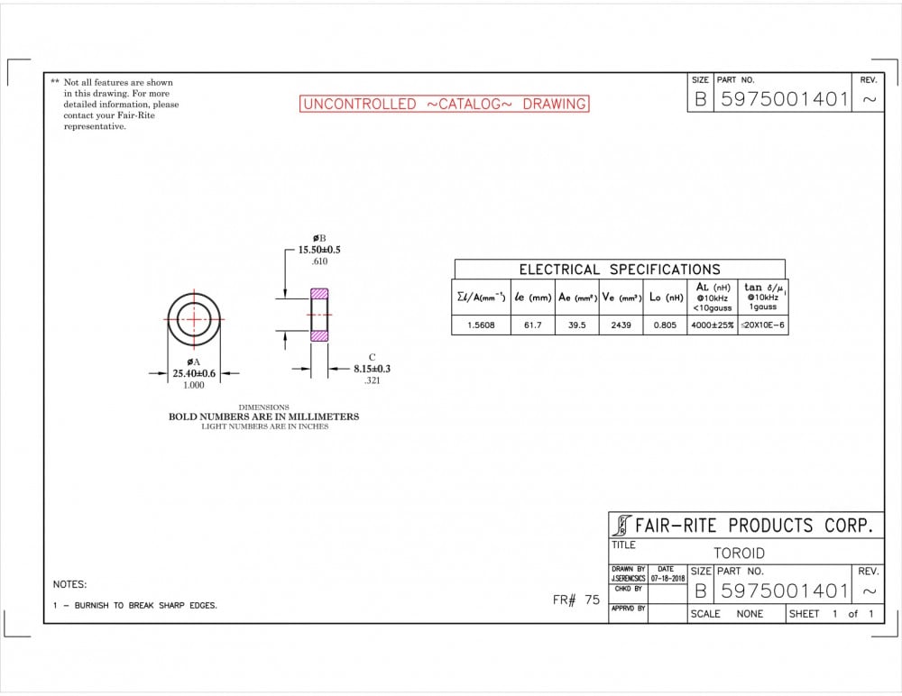 Fair-Rite 5975001401 technical document page