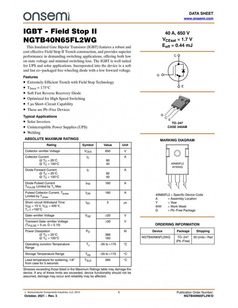 NGTB40N65FL2WG datasheet page 1