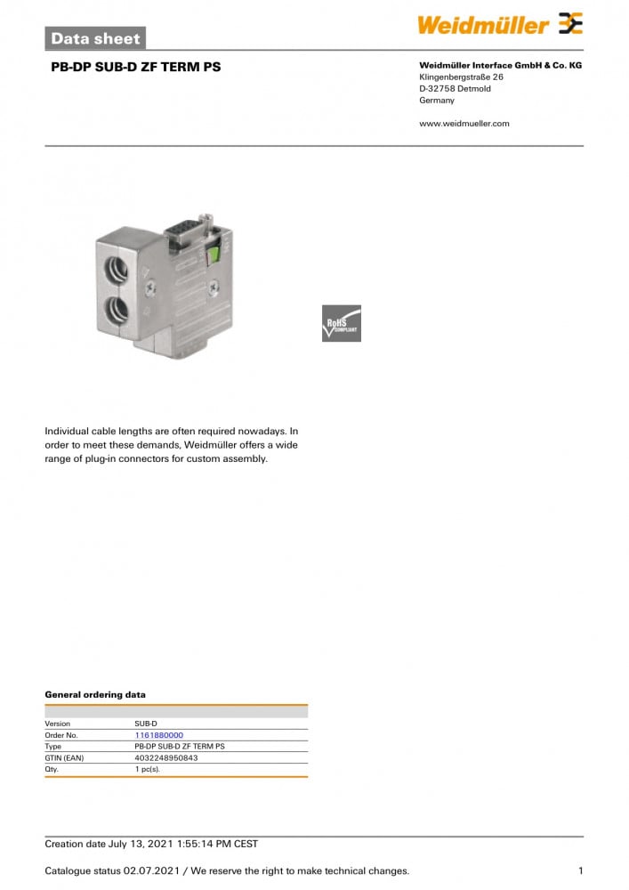 WEIDMULLER 1161880000 documentation page 1