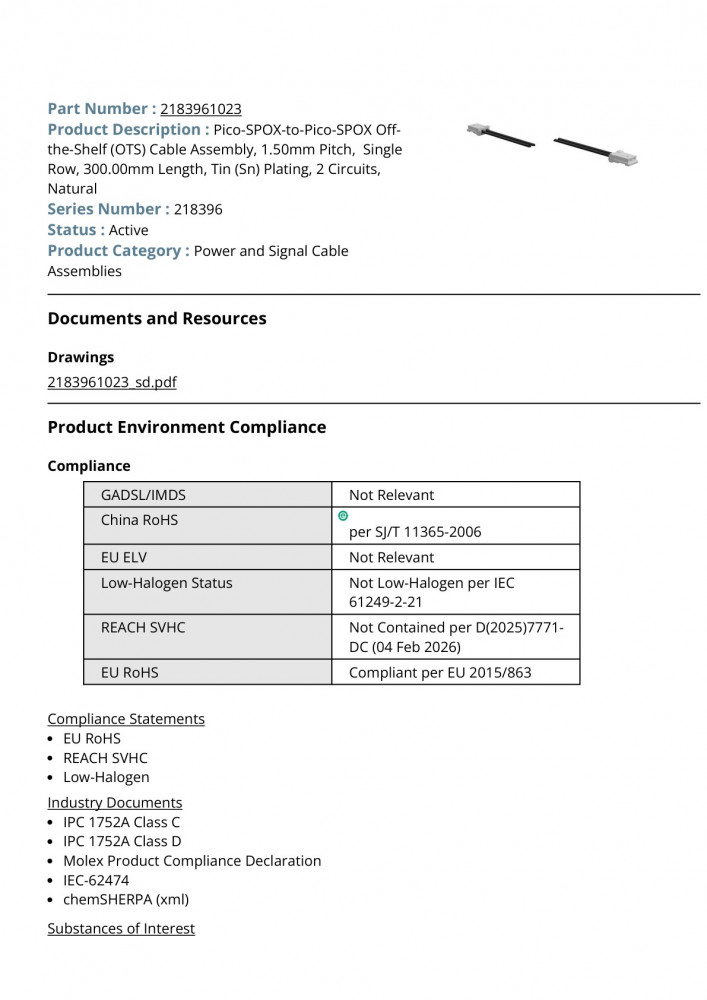 MOLEX 2183961023 drawing page 1