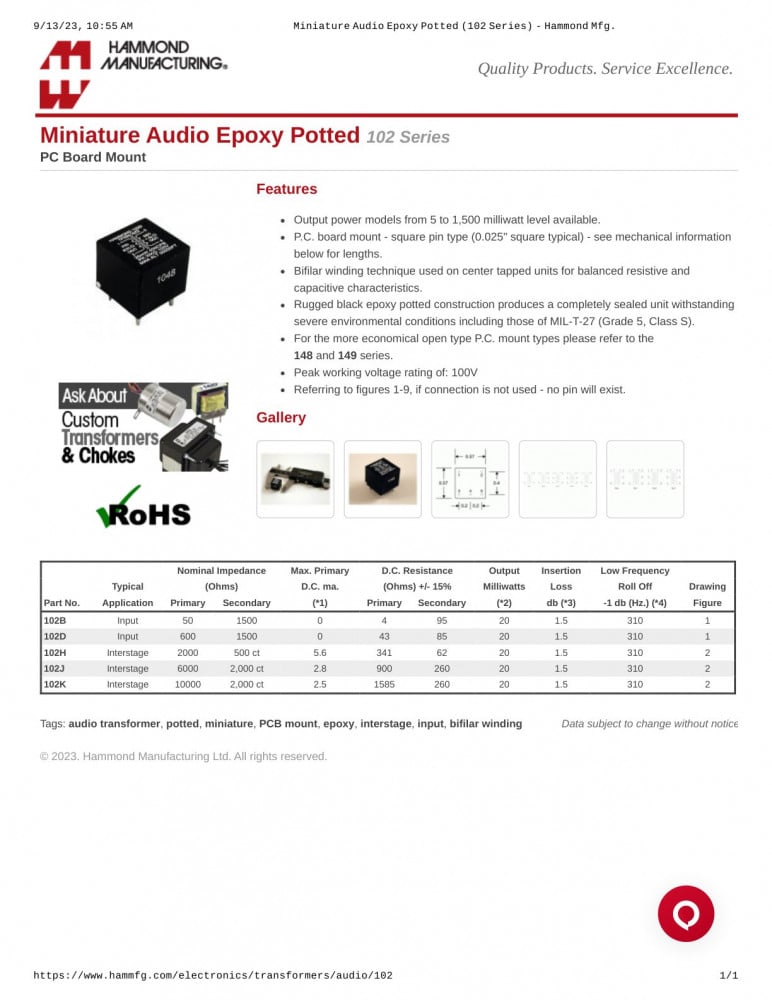 Hammond 102 series technical document page