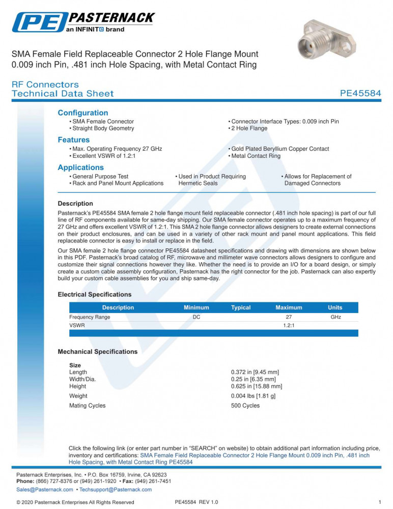 PASTERNACK PE45584 technical datasheet page 1