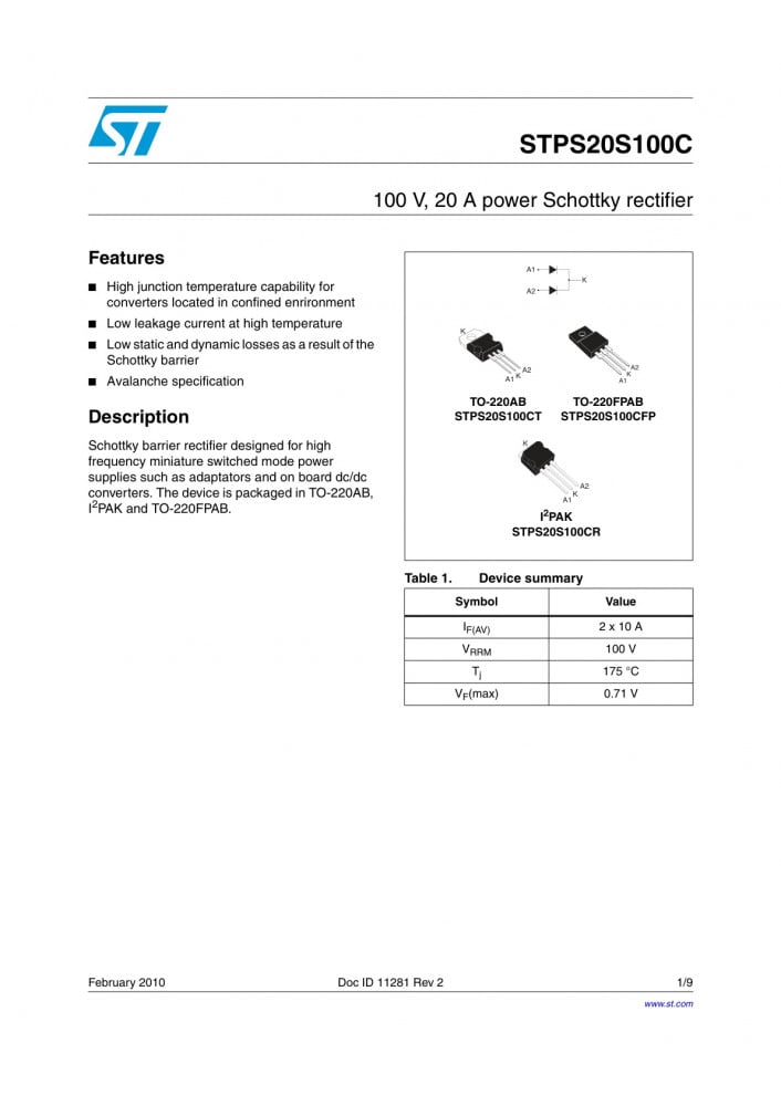 STPS20S100CT datasheet page 1