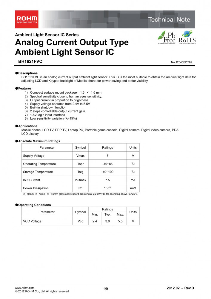 BH1621FVC-TR technical document page 1