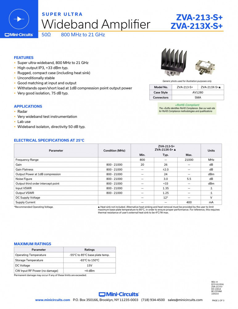 ZVA-213-S+ technical document page 1