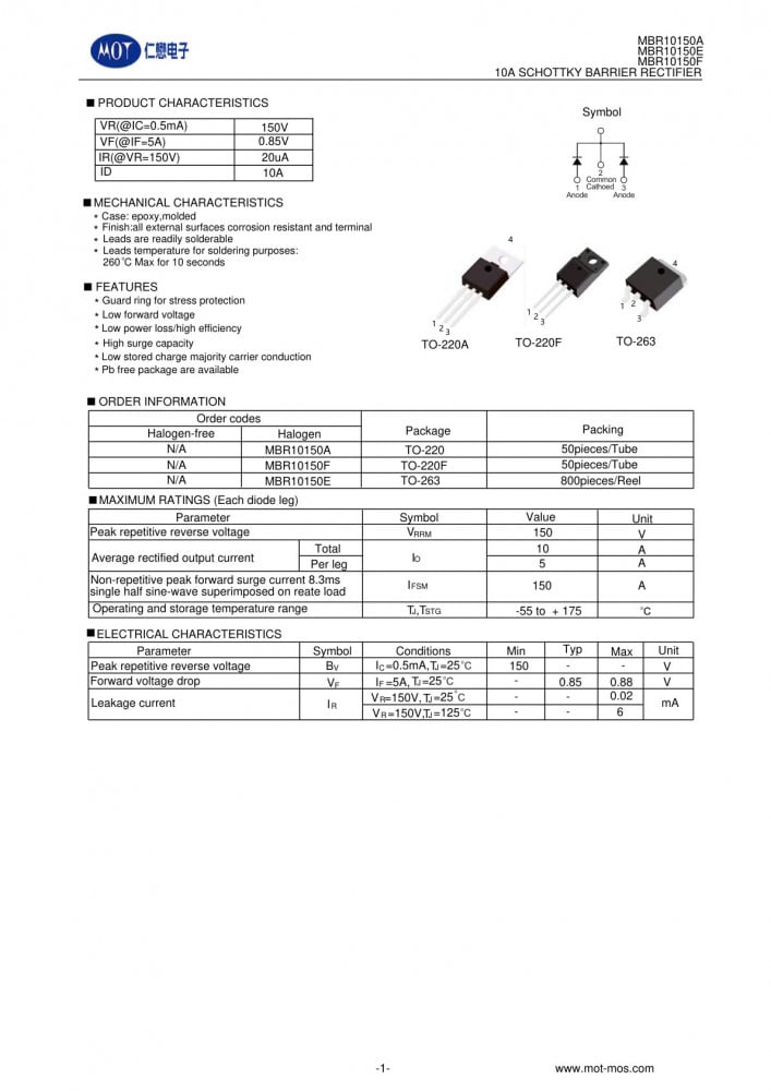 MBR10150A datasheet page 1