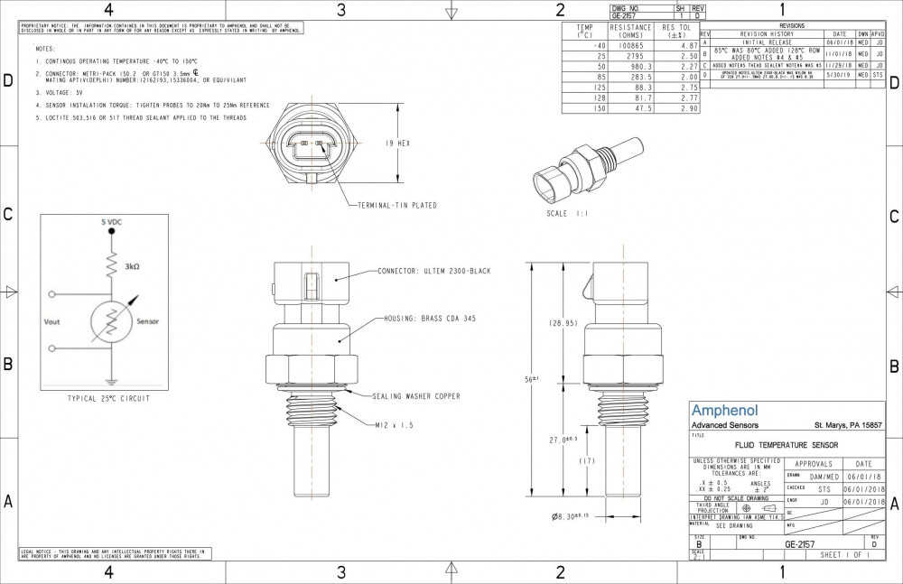 GE-2157 fluid temperature sensor technical drawing