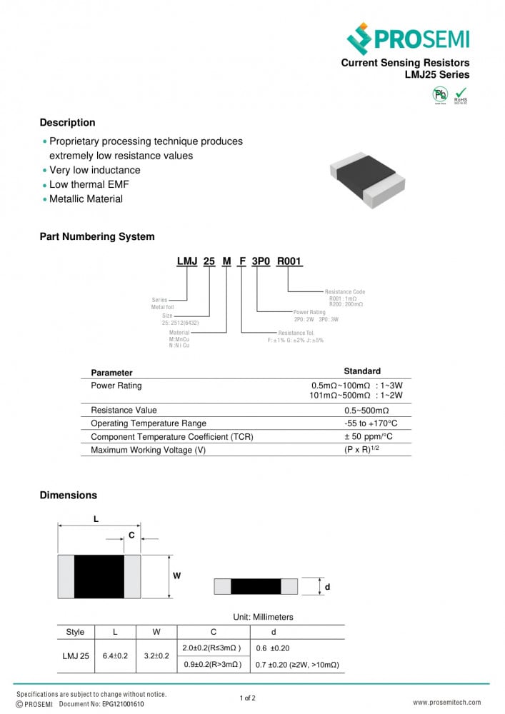 PROSEMI LMJ25 current sensing resistor datasheet page 1