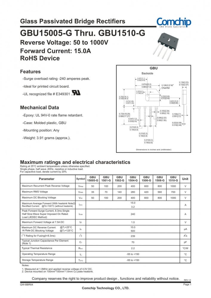 Comchip GBU1506-G datasheet page 1