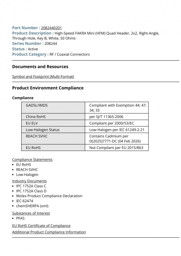 Technical document page 1 for MOLEX 2082440201