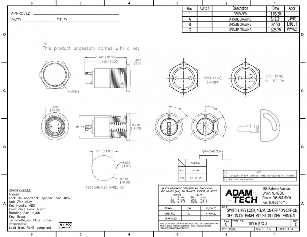 ADAM TECH SW-R-K7X-X key-lock switch product drawing