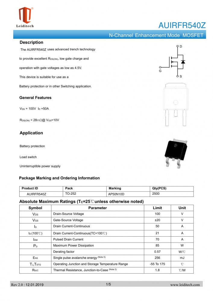 AUIRFR540Z datasheet page 1