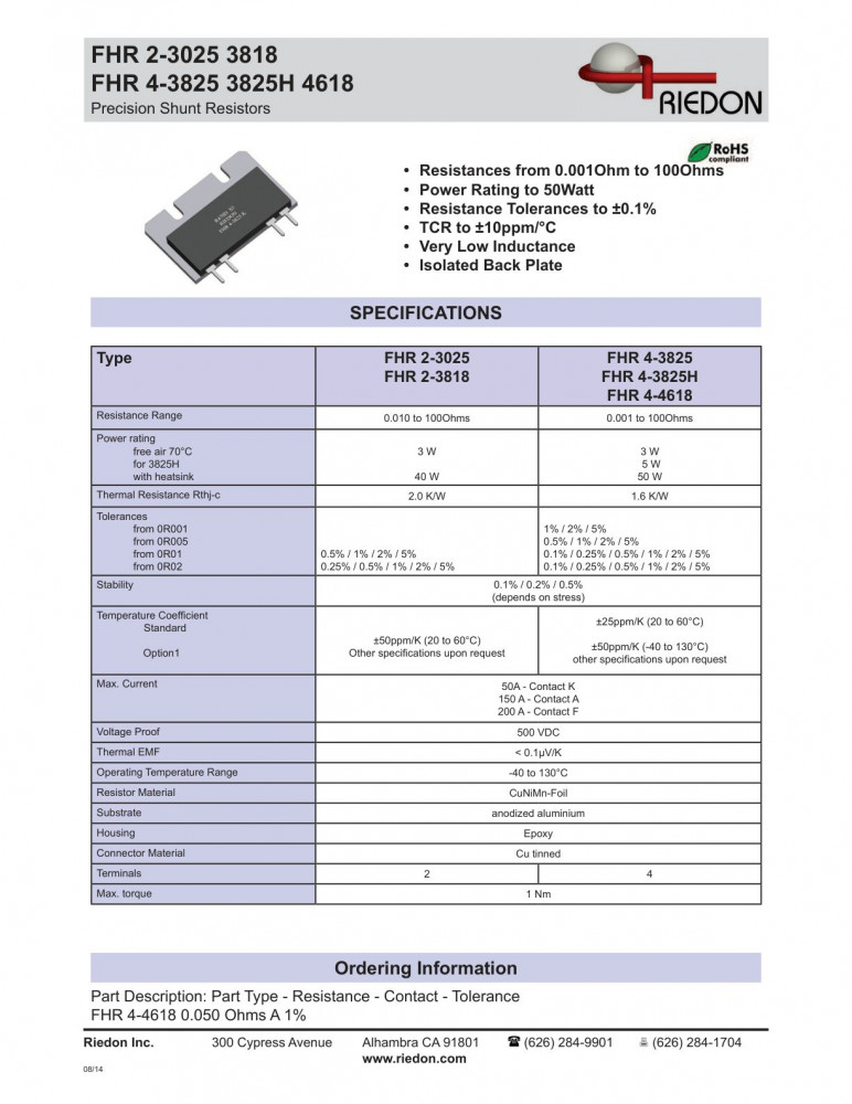 Riedon FHR series technical document, page 1