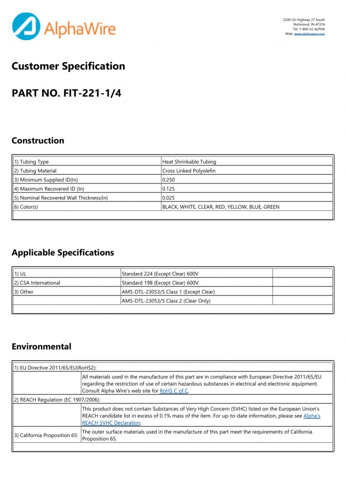 Alpha Wire FIT-221-1/4 technical document page 1