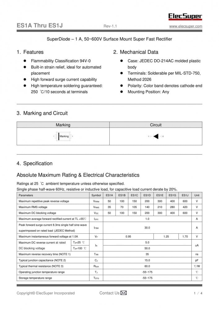 ES1DA datasheet page 1