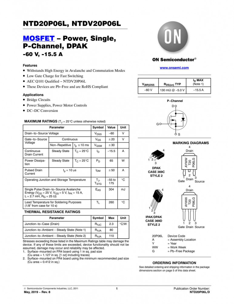NTD20P06LT4G datasheet page 1