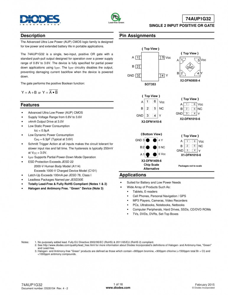 74AUP1G32FW4-7 datasheet page 1