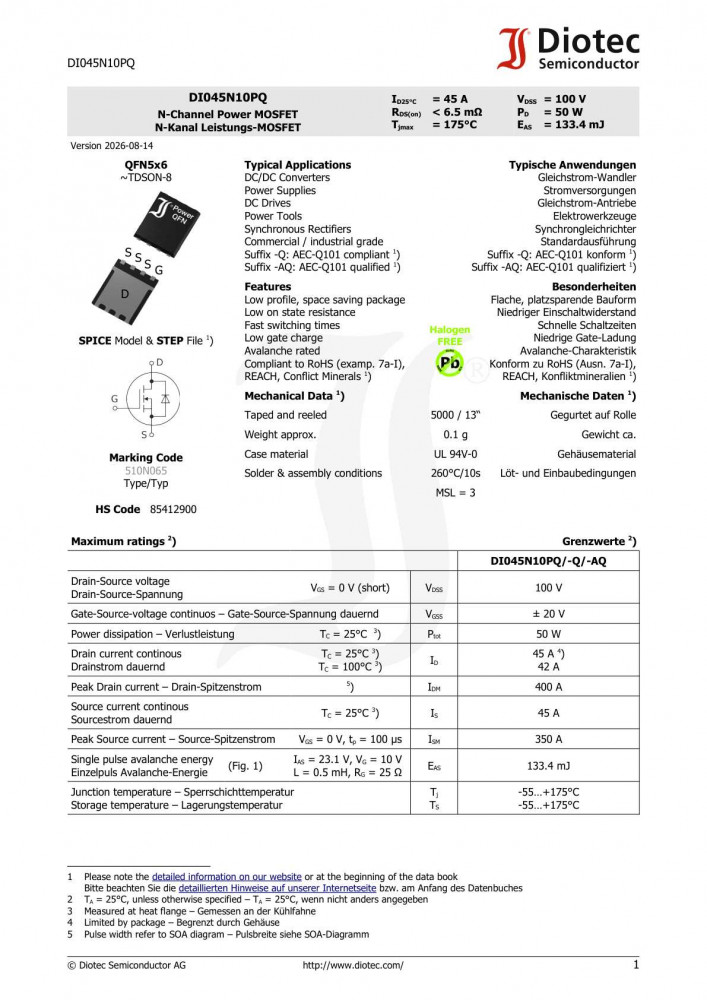 DIOTEC DI045N10PQ-Q datasheet preview, page 1