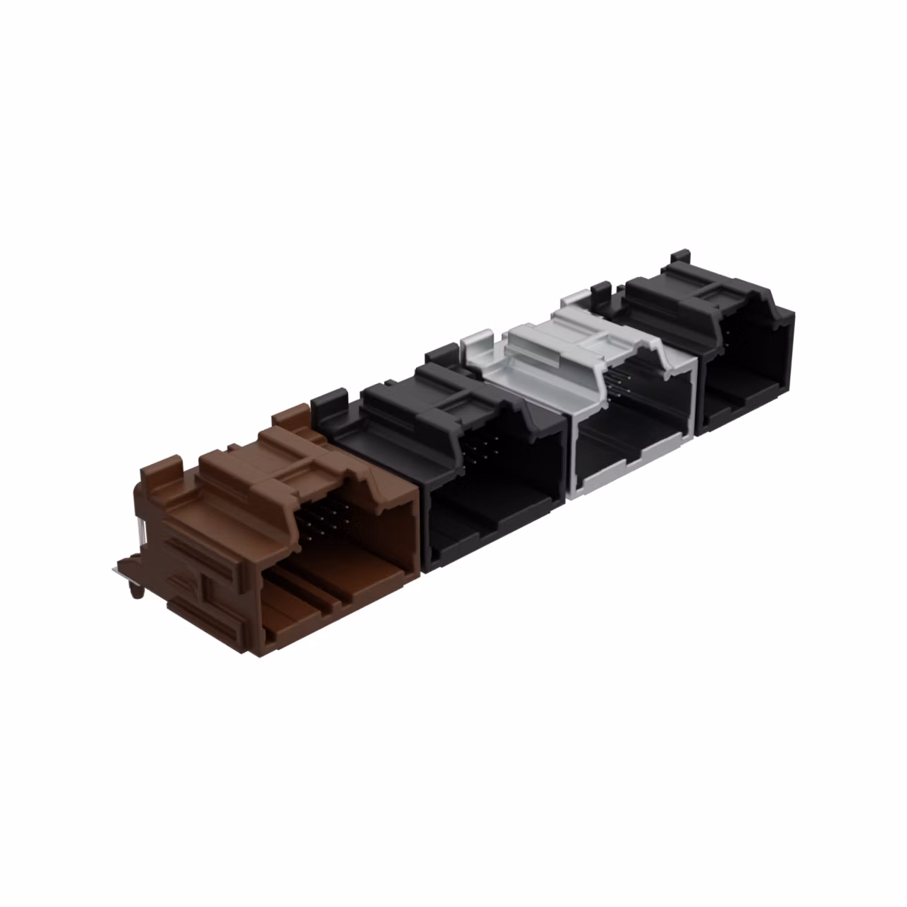 Stac64 4 Bay Right-Angle Headers, 76 Circuits, Bay A 20 Circuit Signal Header, Polarization C, Brown; Bay B 20 Circuit Signal Header, Polarization A, Black; Bay C 20 Circuit Signal Header, Polarization B, Gray; Bay D 16 Circuit Signal Header Polarization A for sale