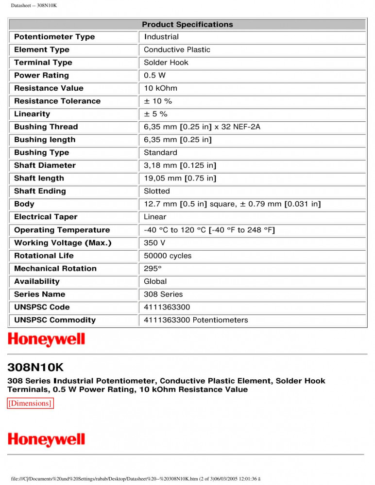 Honeywell 308N10K document page 2