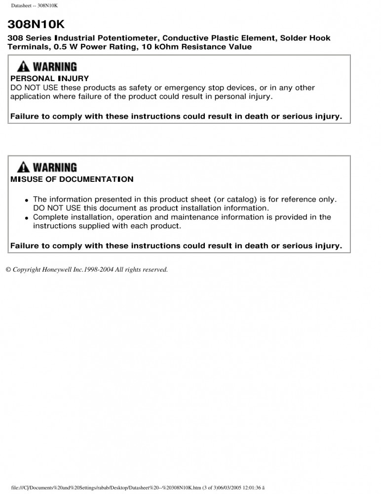 Honeywell 308N10K document page 3