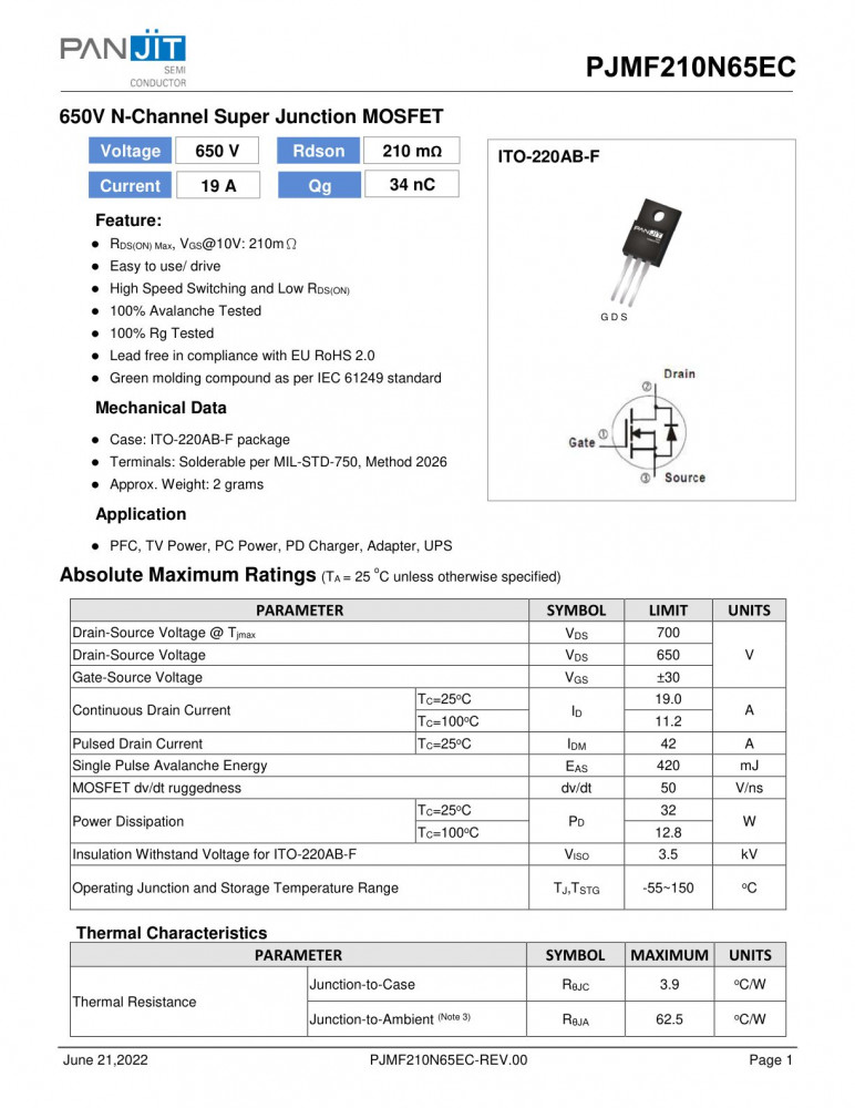 PANJIT PJMF210N65EC datasheet page 1