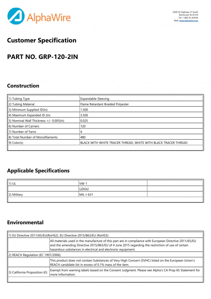 Alpha Wire GRP-120-2IN specification page 1