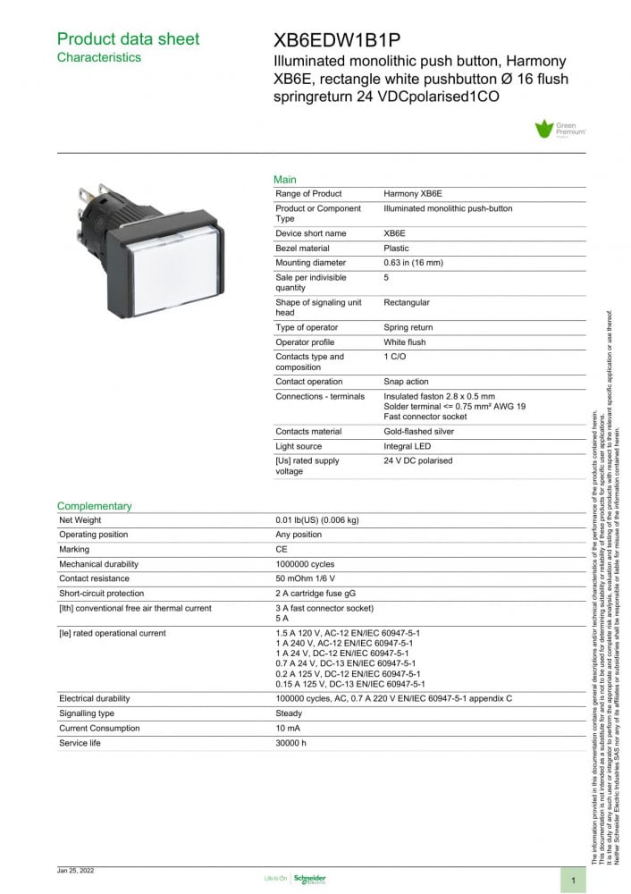 XB6EDW1B1P technical document page 1