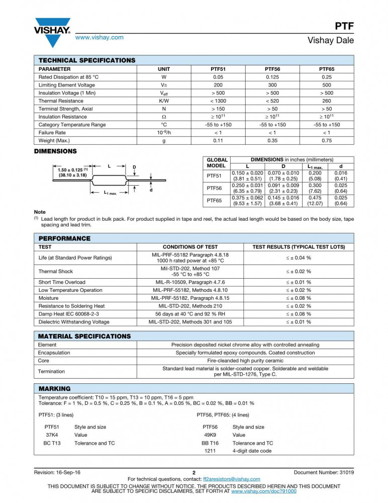 Vishay PTF resistor datasheet page 2