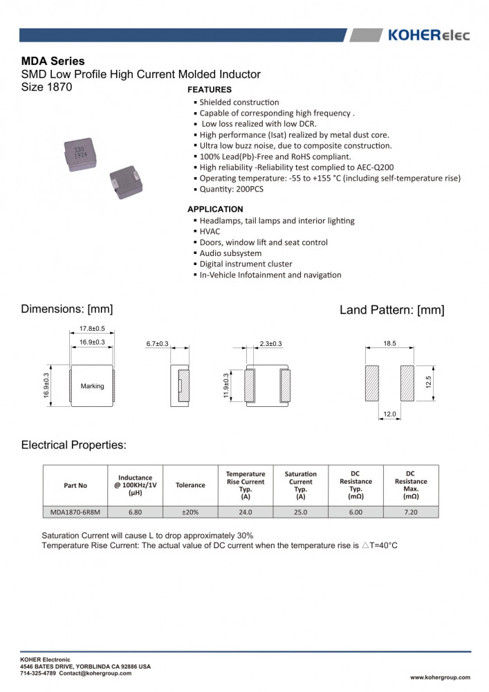 KOHERelec MDA1870-6R8M technical document preview
