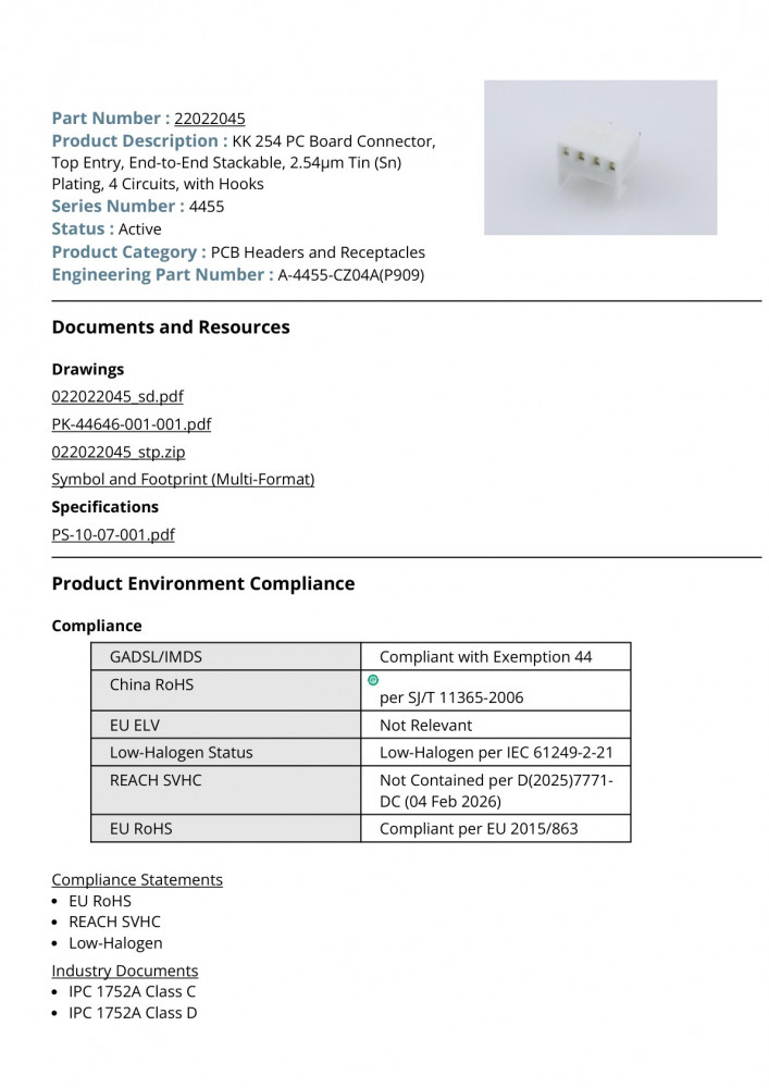 MOLEX 22022045 technical document page 1