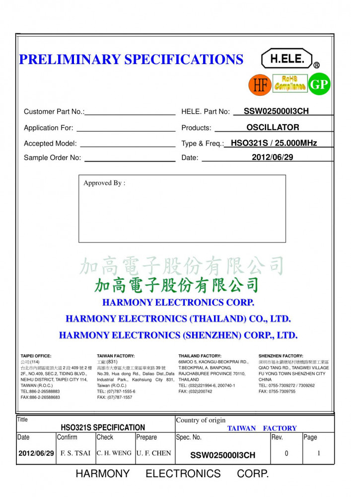 SSW025000I3CH specification page 1