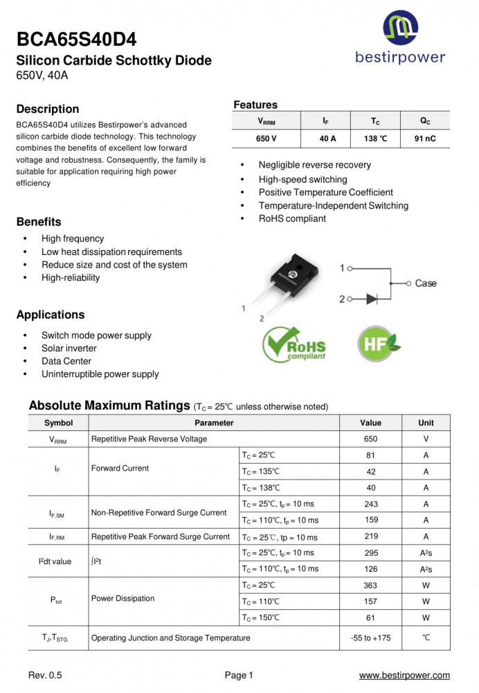 BCA65S40D4 datasheet page 1