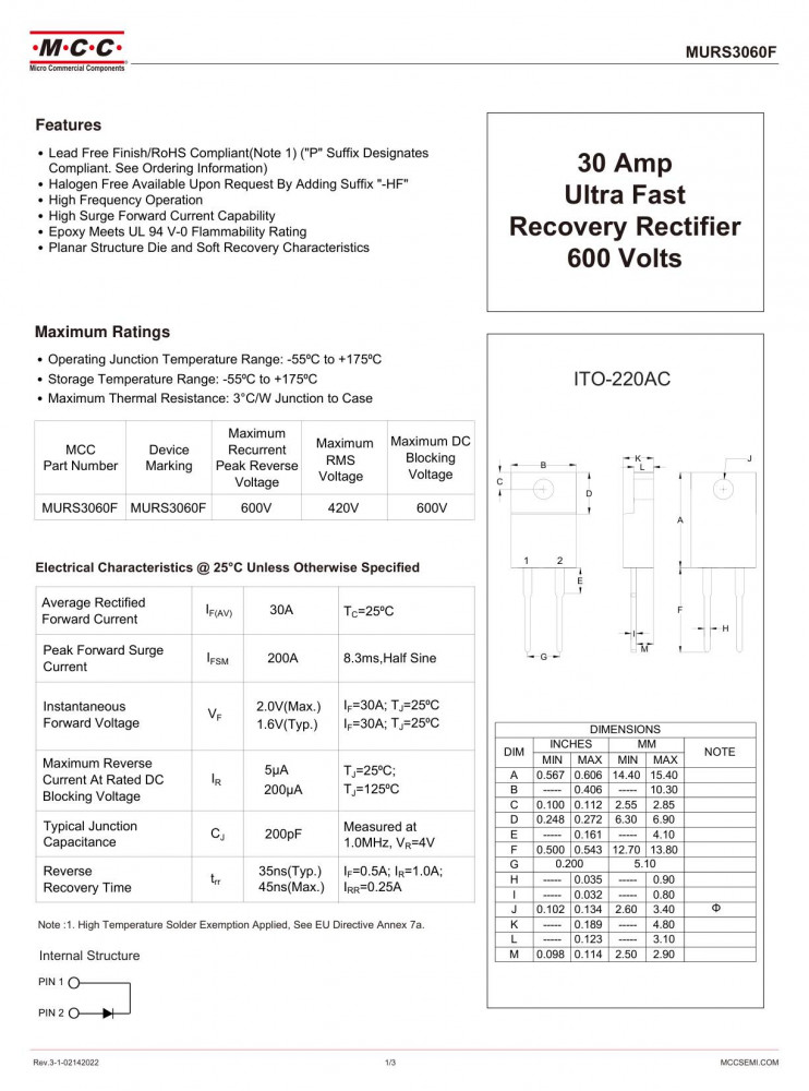 MURS3060F-BP datasheet page 1