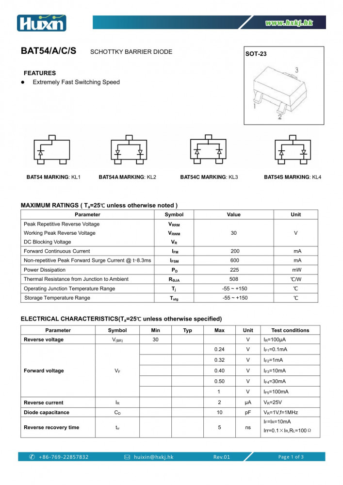 BAT54C datasheet page 1