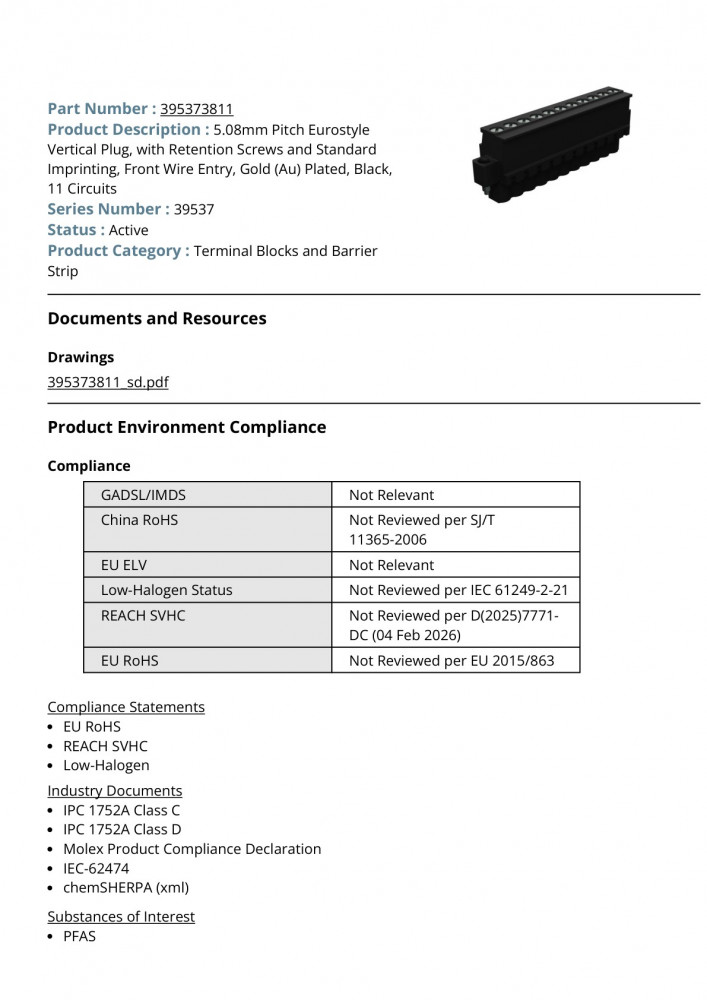 MOLEX 39537-series product drawing, page 1