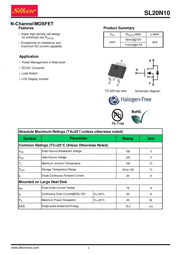 SL20N10 datasheet page 1