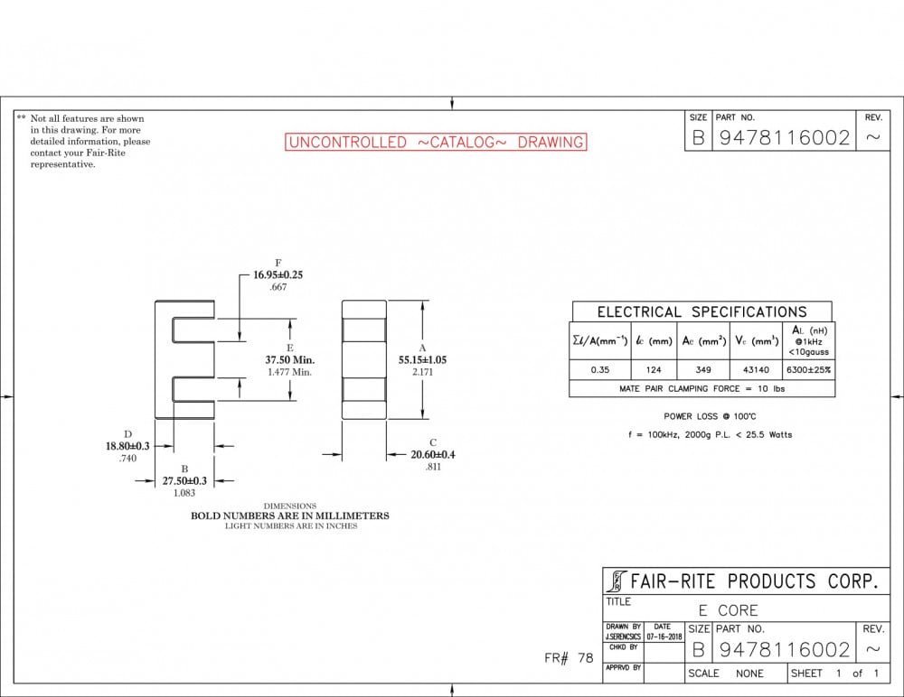 Fair-Rite 9478116002 technical drawing