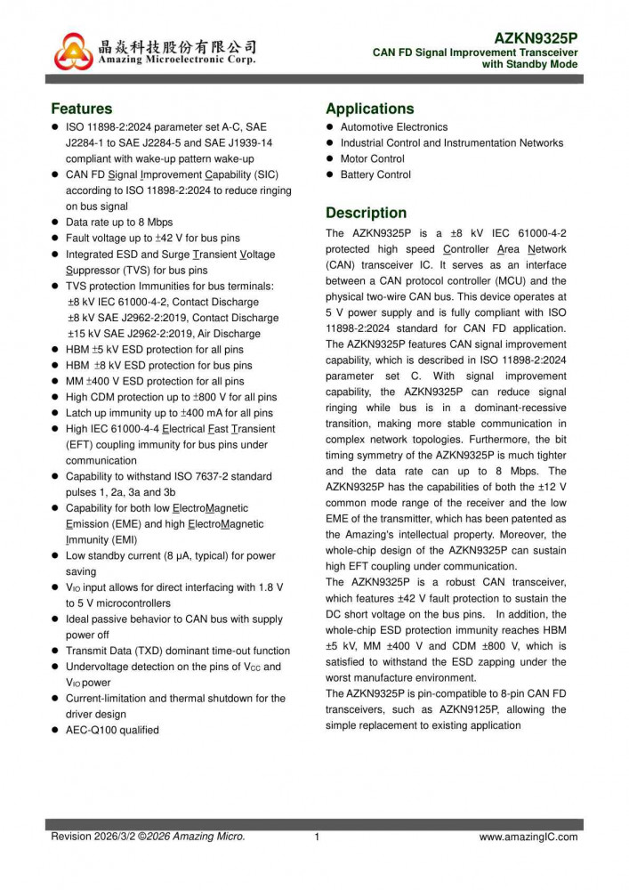 AZKN9325P datasheet page 1