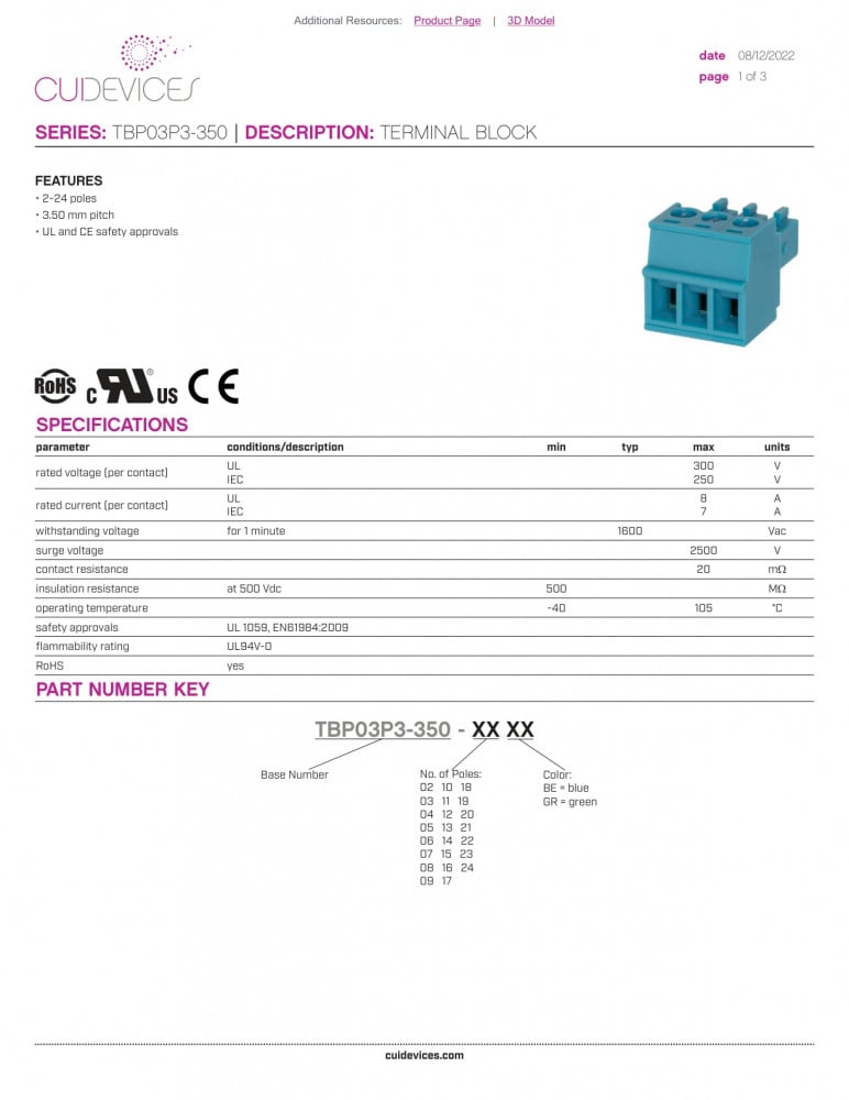 CUI TBP03P3-350 series datasheet page 1