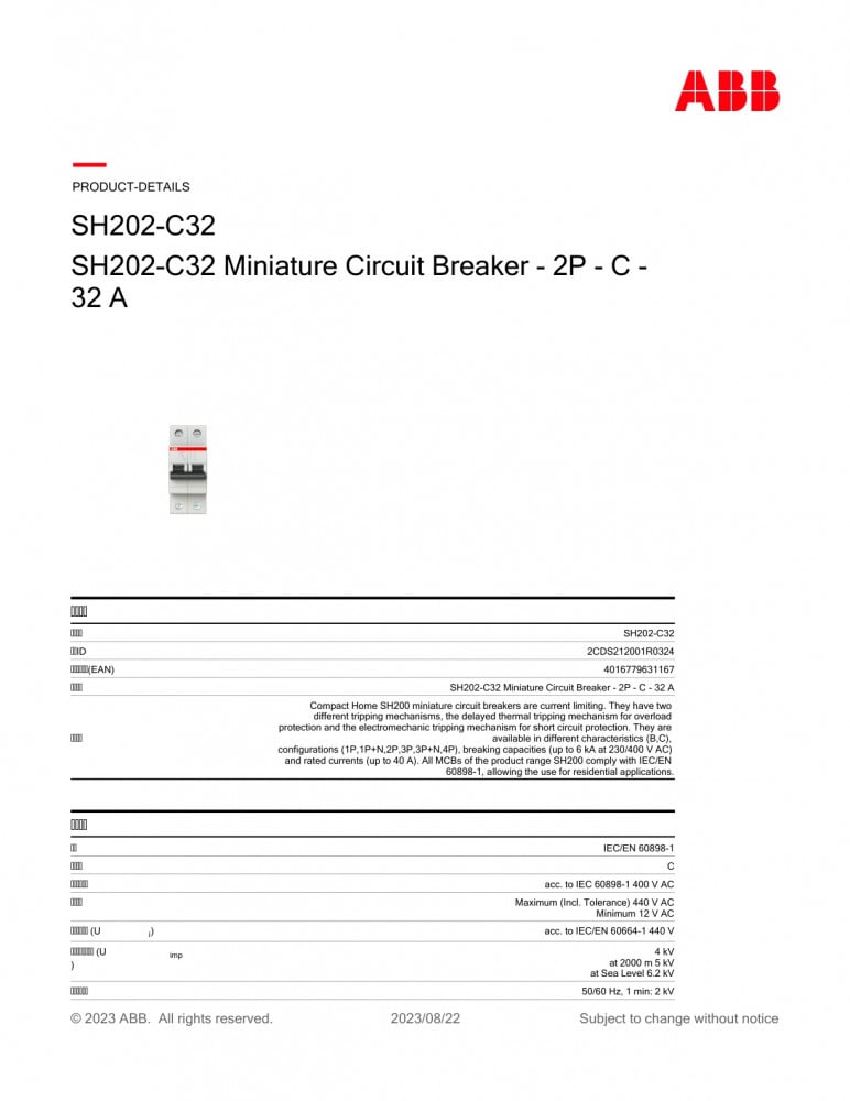 ABB SH202-C32 technical document page 1