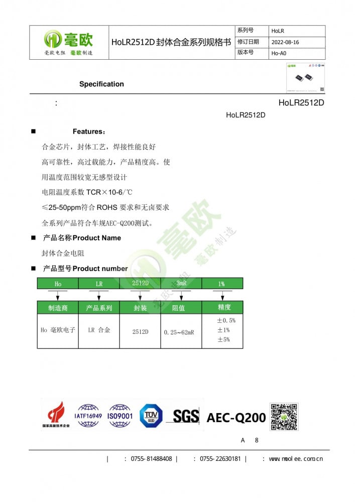 HoLR2512D datasheet page 1