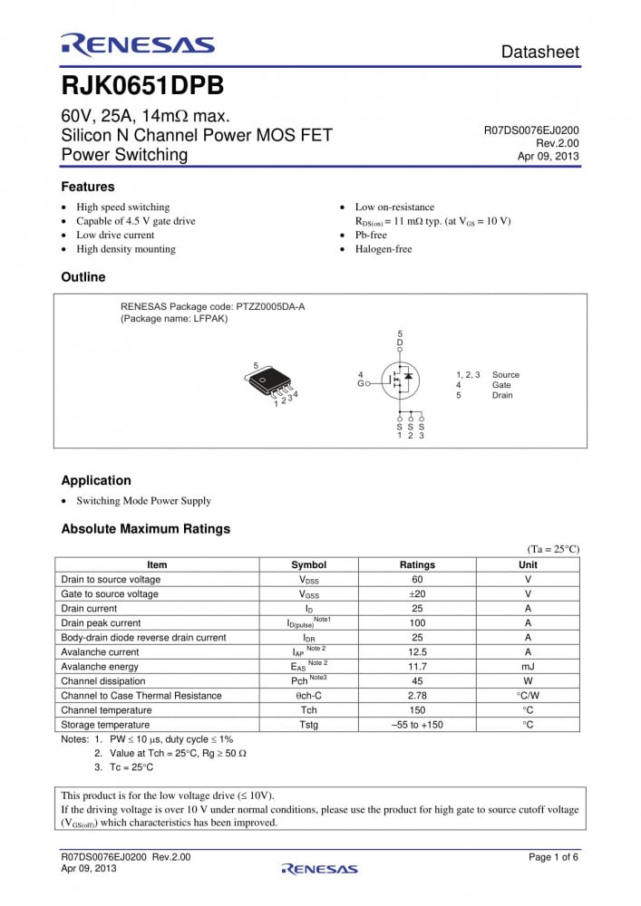 RJK0651DPB datasheet page 1