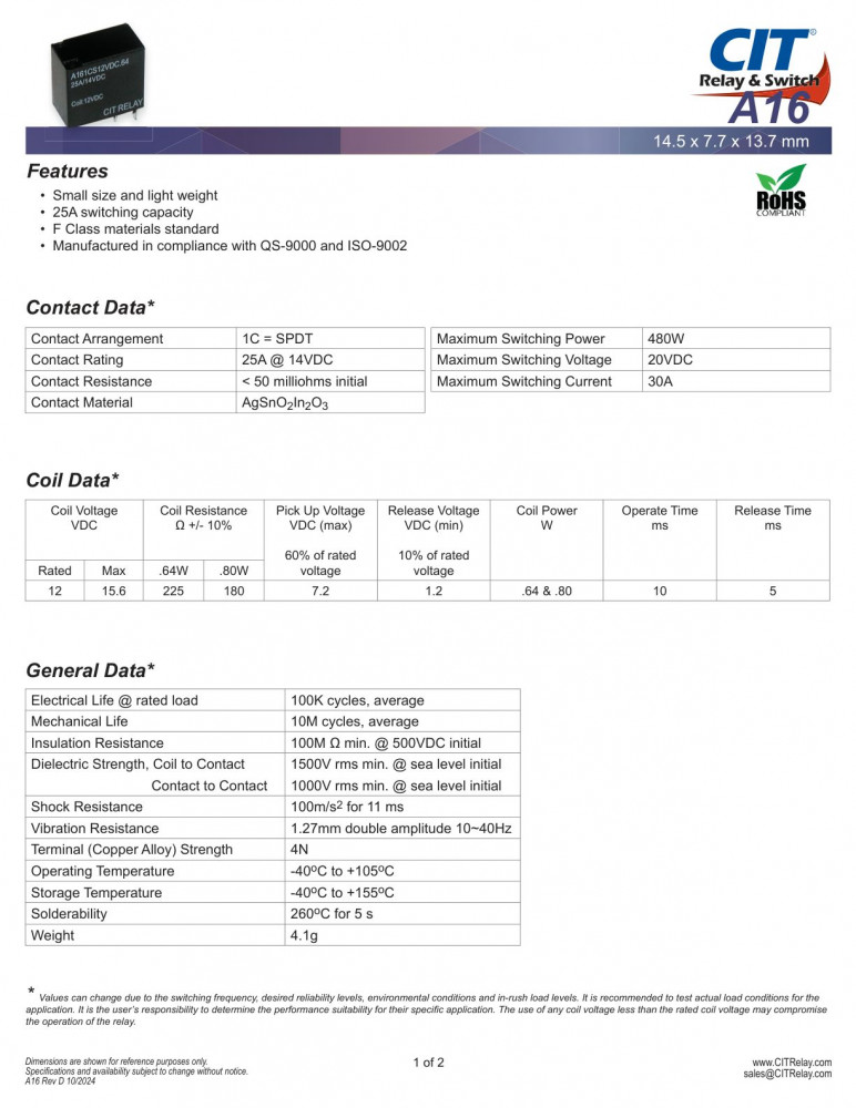 A161CS12VDC.64 relay datasheet page 1