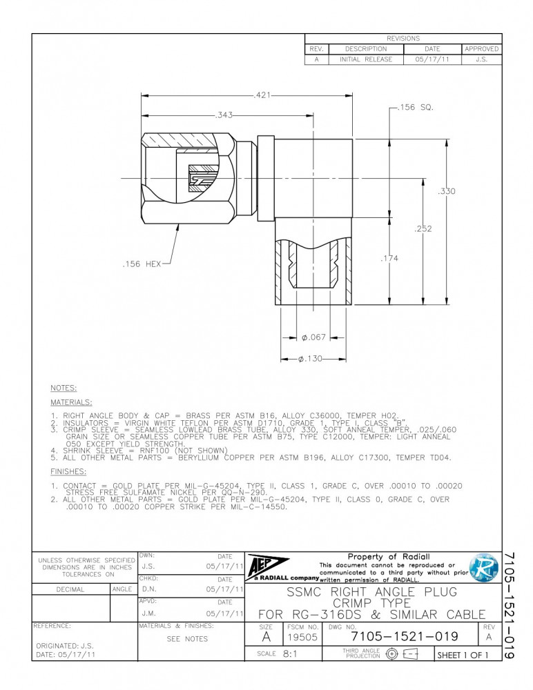 Radiall 7105-1521-019 product drawing page