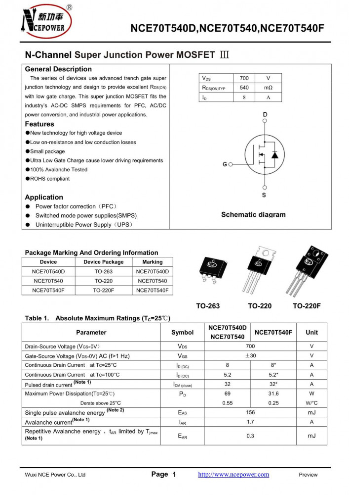NCE70T540F datasheet page 1
