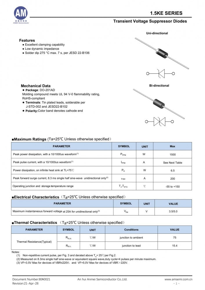 1.5KE33CA datasheet page 1
