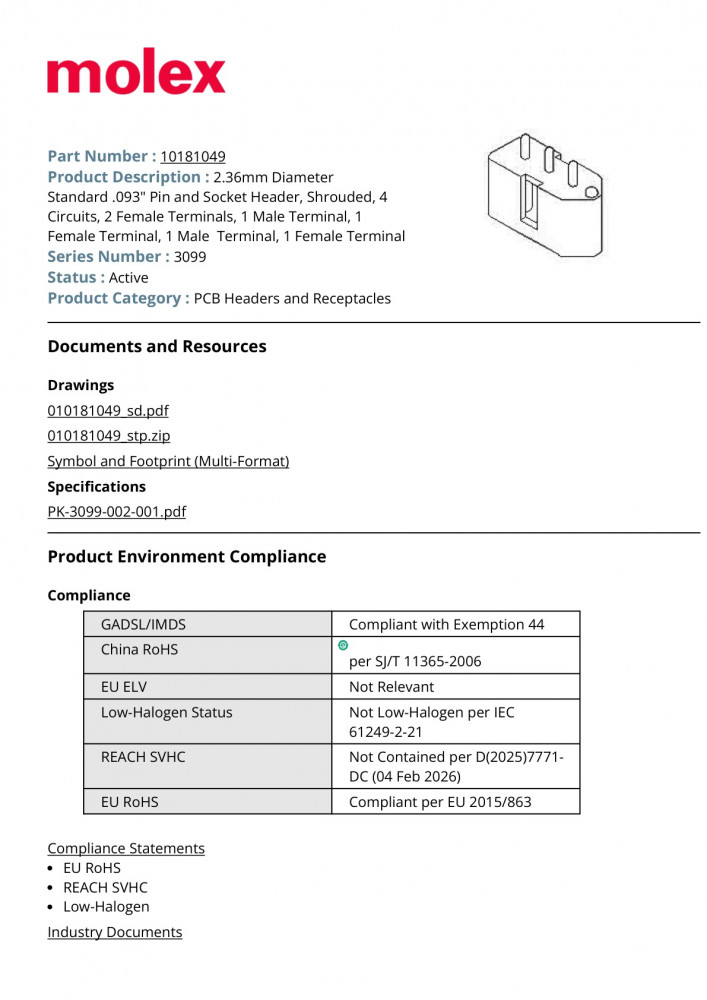 MOLEX 10181049 technical document page 1